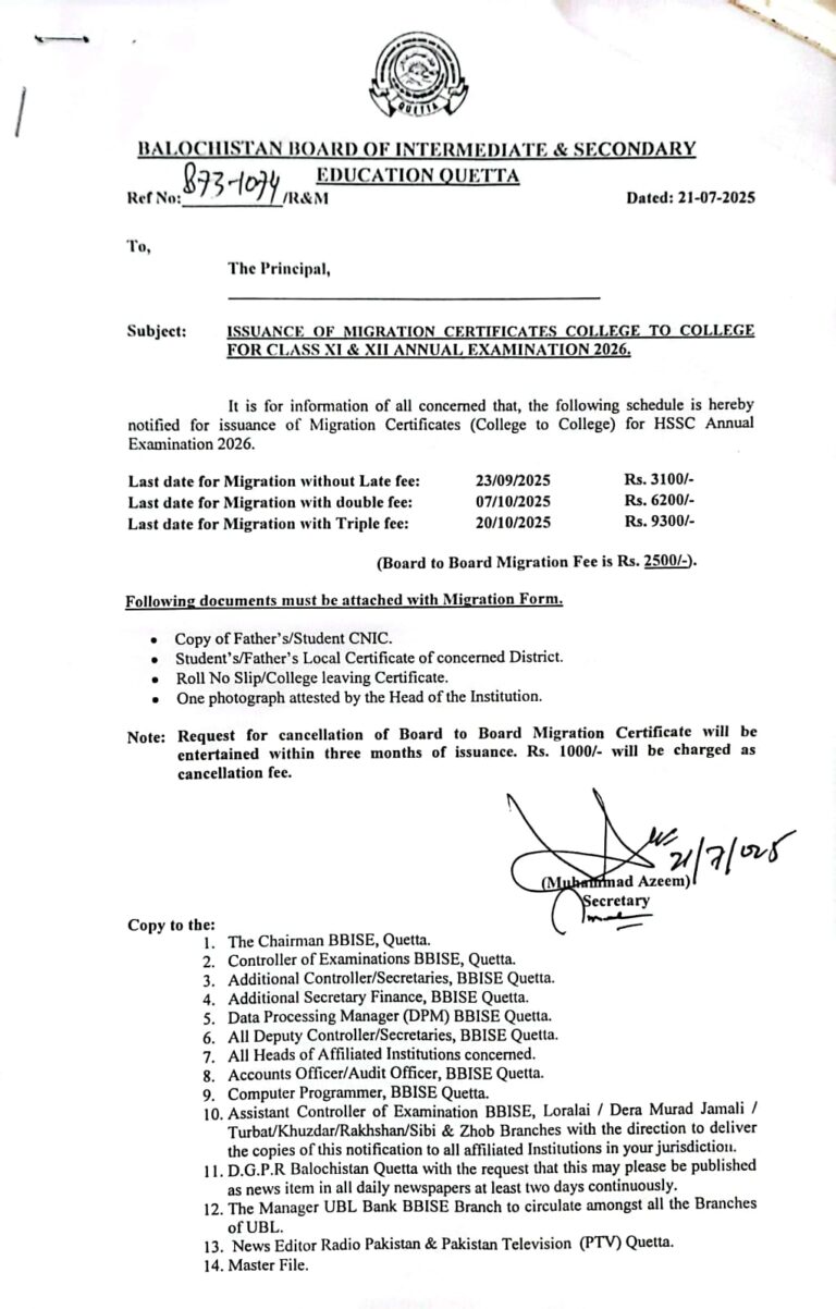 Balochistan Board Releases Migration Certificate Schedule for ...