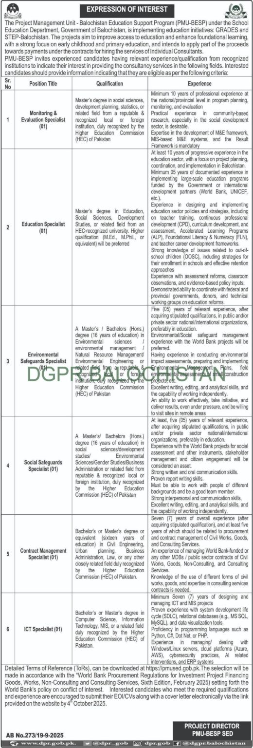 Job Vacancies at Project Management Unit – Balochistan Education ...