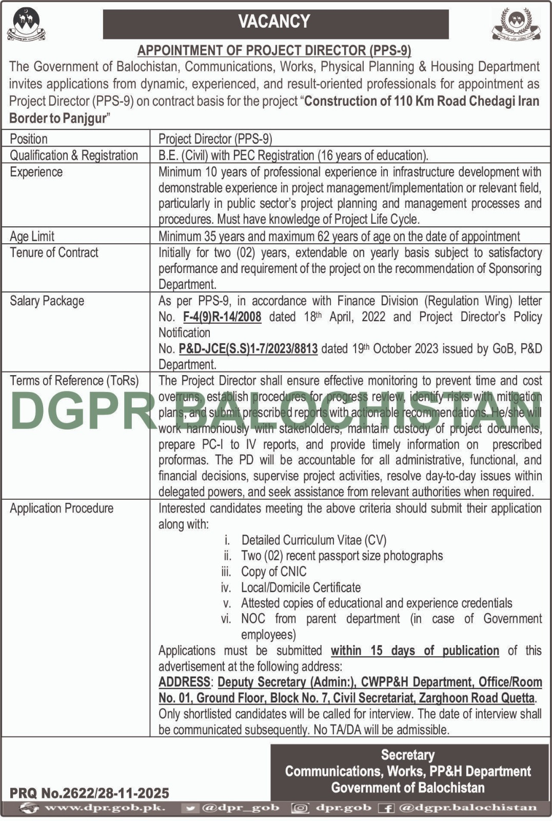 Applications Invited – Project Director (PPS-9), Balochistan ...