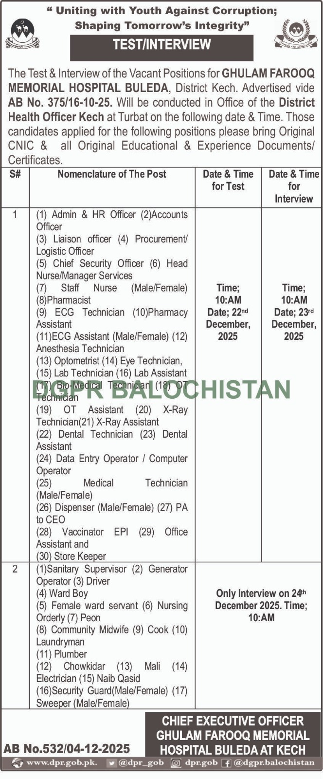 Notification for Test and Interview – Ghulam Farooq Memorial Hospital ...
